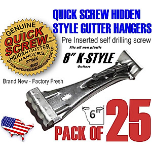 Quick Screw 6" inch Aluminum Hidden Rain Gutter Bracket Hook Clip Style Hangers with pre Inserted 3" Long ¼" hex Head self Drilling Screw (25 Per Package)