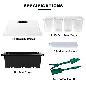 JERIA 12 Packs 144 Cells Seedling Starter Trays,Seed Starter Tray Seed Starter Kit with Humidity Adjustable Dome,Plant Germination Trays and Plant Starter Kit for Seeds Growing Starting (Black)