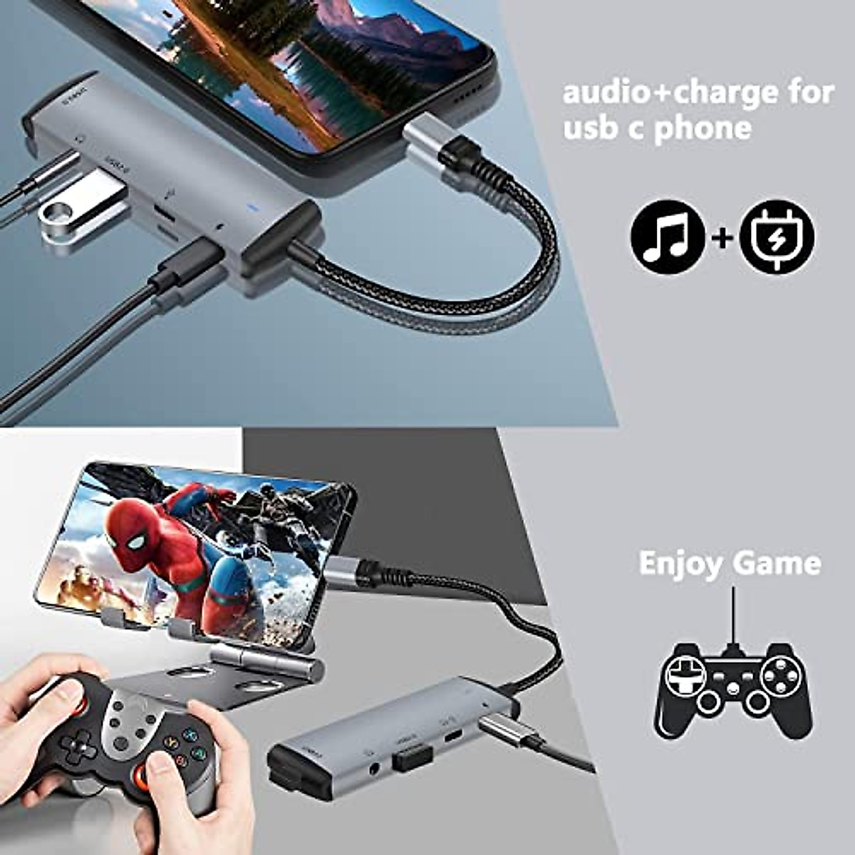 5 IN 1 USB C to 3.5mm Headphone and Charger Adapter, USB C Hub OTG USB 3.0 Data Adapter PD 60W Charger Fit with iPad Pro/iPad Air Mini/Macbook Pro/Air, Galaxy S23 S22 Note 20 Ultra, Pixel 7 6 Pro