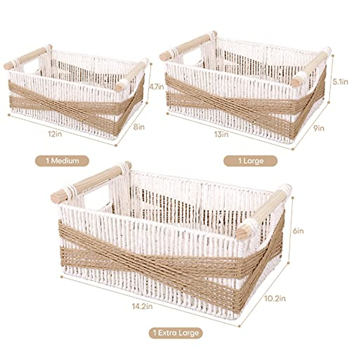 LaMorée Storage Baskets 3 PCS Paper Rope Woven Storage Bin Set with Natural Wooden Handles Decorative Boho Wicker Boxes for Tabletop Shelves Home Office Nursery Organizer Container – Brown and White