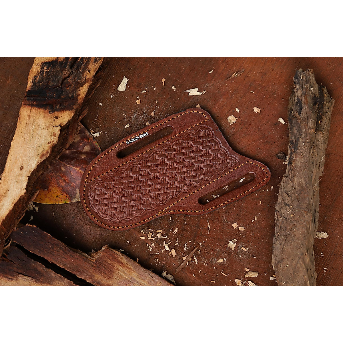 GLADIATOR KNIVES Leather Knife Sheath for Belt, Slanted Pancake Style, Tooled Leather, Cowboy Bull Cutter Cover, Cross Draw, 100% Real Leather (BROWN)