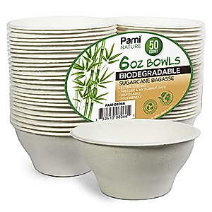 PAMI 100% Biodegradable Sugarcane Bowls [Pack of 50] 6 oz. Natural Compostable Soup Bowls- Planet-Friendly Bagasse Bowls For Hot & Cold Uses- Heavy-Duty Disposable Microwavable Paper Serving Bowls
