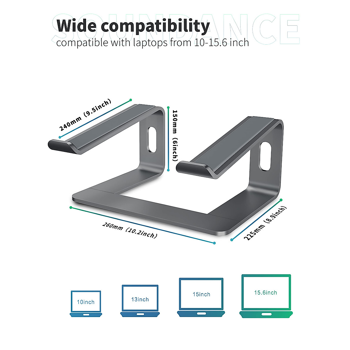 SOUNDANCE Laptop Stand, Aluminum Computer Riser, Ergonomic Laptops Elevator for Desk, Metal Holder Compatible with 10 to 15.6 Inches Notebook Computer, Grey