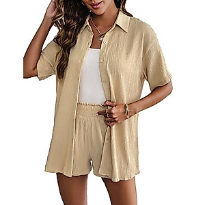Ekouaer Womens Lounge Sets 2 Piece Outfits Casual Tracksuit Pajamas Set Button Down Shirt and Shorts Pockets Brown L
