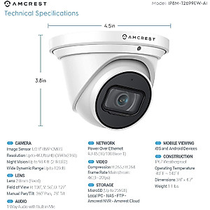 Amcrest 4K POE Camera AI Human/Vehicle Detection, UltraHD 8MP Outdoor Security Turret POE IP Camera, 3840x2160, Wide Angle, IP67 Weatherproof, MicroSD, Built in Mic, White (IP8M-T2669EW-AI)