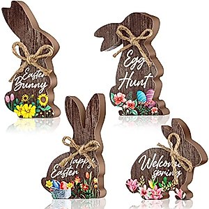 4 Pieces Easter Bunny Wood Decor Easter Natural Wood Signs Bunnies Shape Signs Easter Tabletop Decor Rustic Wood Centerpieces for Farmhouse Kitchen Dining Room (Retro Style)