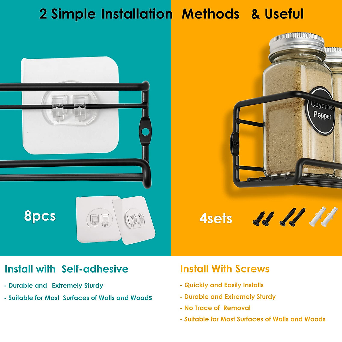 TORZCT 4Pcs Spice Rack Wall Mount Space Upgrade of Bolded Saving Spice Organizer for Spice Jars and Seasonings,Screw or Adhesive Hanging Spice Shelf Rack Organizer for Kitchen Cabinet Pantry Door