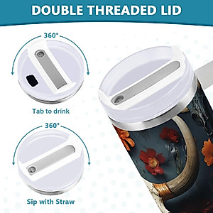 ARGTILDN 40 oz Tumbler Bull Skull Orange Flowers Insulated Travel Mug with Handle and Straw Lid Stainless Steel Vacuum Coffee Cup Tea Beverage Container Water Bottles for Car Sports office