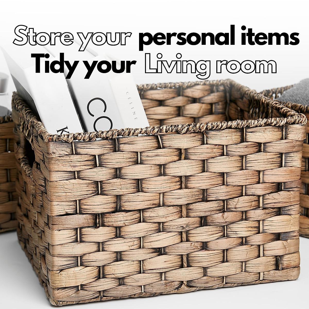 Decocoon Wicker Baskets 3 Pack, Rectangular Basket, Rattan Storage Basket, Wicker Basket with Handle, Wicker Storage Basket, Pantry Baskets Storage, Woven Baskets for Storage, Seagrass Storage Baskets