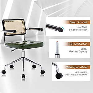 Zesthouse Modern Home Office Chair Leather Desk Chair with Rattan Back, Vanity Chair for Girls Women, Upholstered Tufted Swivel Armchair for Bedroom Living Room,Height Adjustable Computer Task Chair