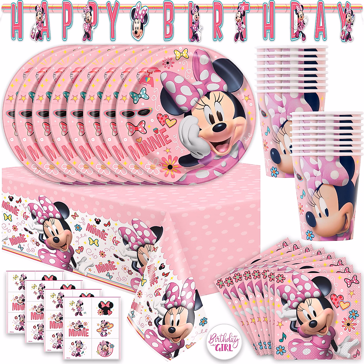 Minnie Mouse Birthday Party Supplies | Minnie Mouse Party Decorations | Minnie Mouse Party Supplies | Serves 16 Guests with Banner, Table Cover, Plates, Napkins, Sticker