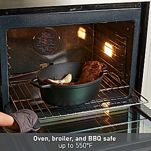 BBQ by MasterPRO - 7 Qt Pre Seasoned Cast Iron Oval Dutch Oven with Self Basting Lid and Stainless Steel Handle, 7 Quarts, Black