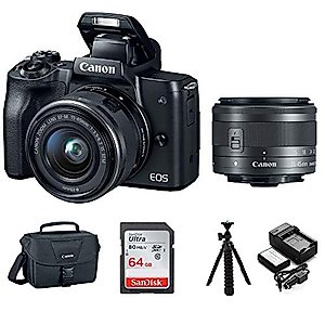 Canon EOS M50 15-45mm Mirrorless Digital Camera (Black) with Canon EOS Camera Gadget Bag, 64GB SD Card, Flexible 12" Spider Tripod, and Battery & Charger Pack Bundle (5 Items) (Renewed)