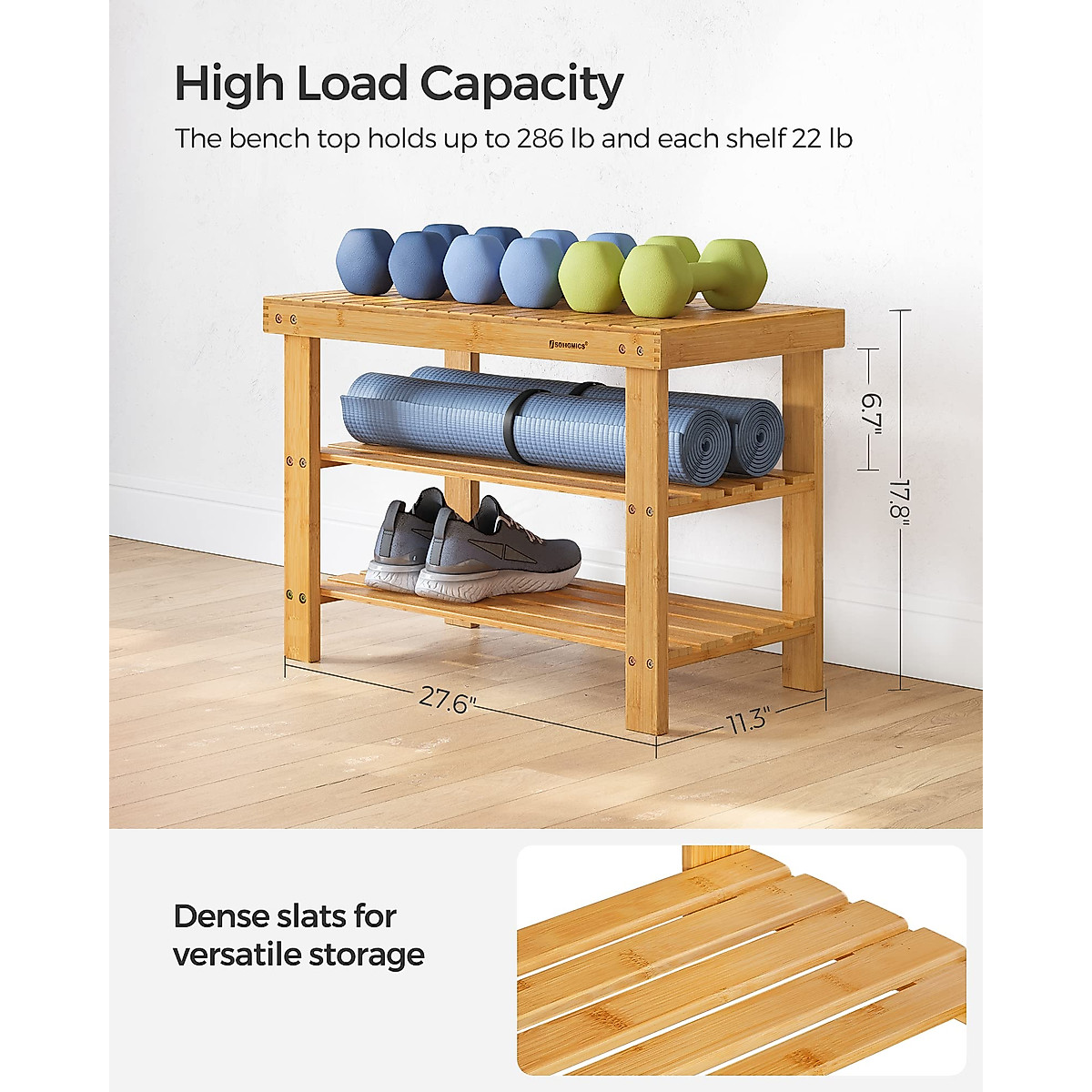 SONGMICS Shoe Rack Bench, 3-Tier Bamboo Shoe Storage Organizer, Entryway Bench, Holds Up to 286 lb, 11.3 x 27.6 x 17.8 Inches, for Entryway Bathroom Bedroom, Natural ULBS04N