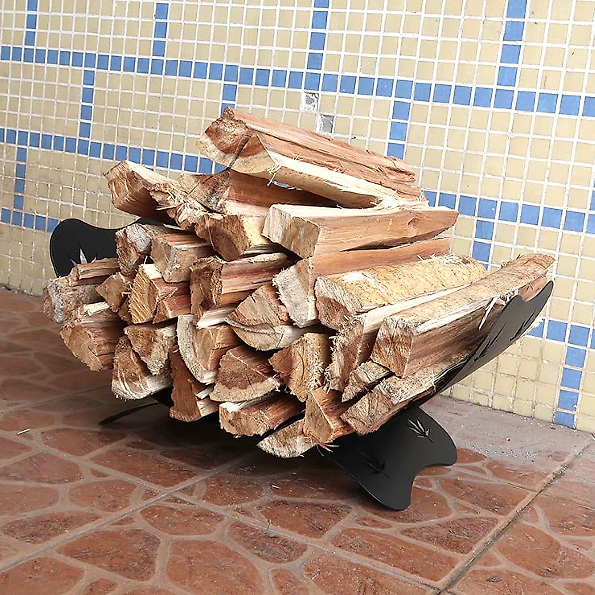 BiggerFire Firewood Rack Carbon Steel Log Holder for Outdoor Indoor Metal Fireplace Small Wood Pile Storage Hollow Maple Leaf Pattern Black