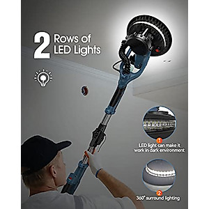 Handife Drywall Sander 800W 7A with Vacuum Auto Dust Collection, Variable Speed 800-1800RPM Power Double-Deck LED Lights, Extendable Handle, Carrying Bag Blue