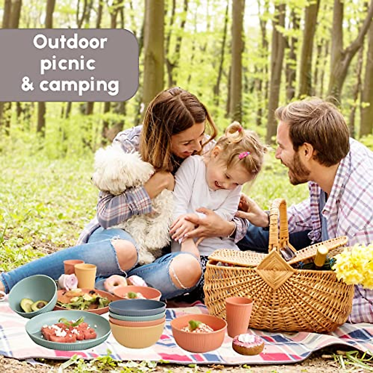 Wheat Straw Dinnerware Sets -Multicolor Dinnerware set w/Wheat Straw Plates, Bowls & Utensils - Dishwasher & Microwave-Safe Dishes Set for 4 - Seniors & Kids Plates and Bowls Sets by Slow Hour