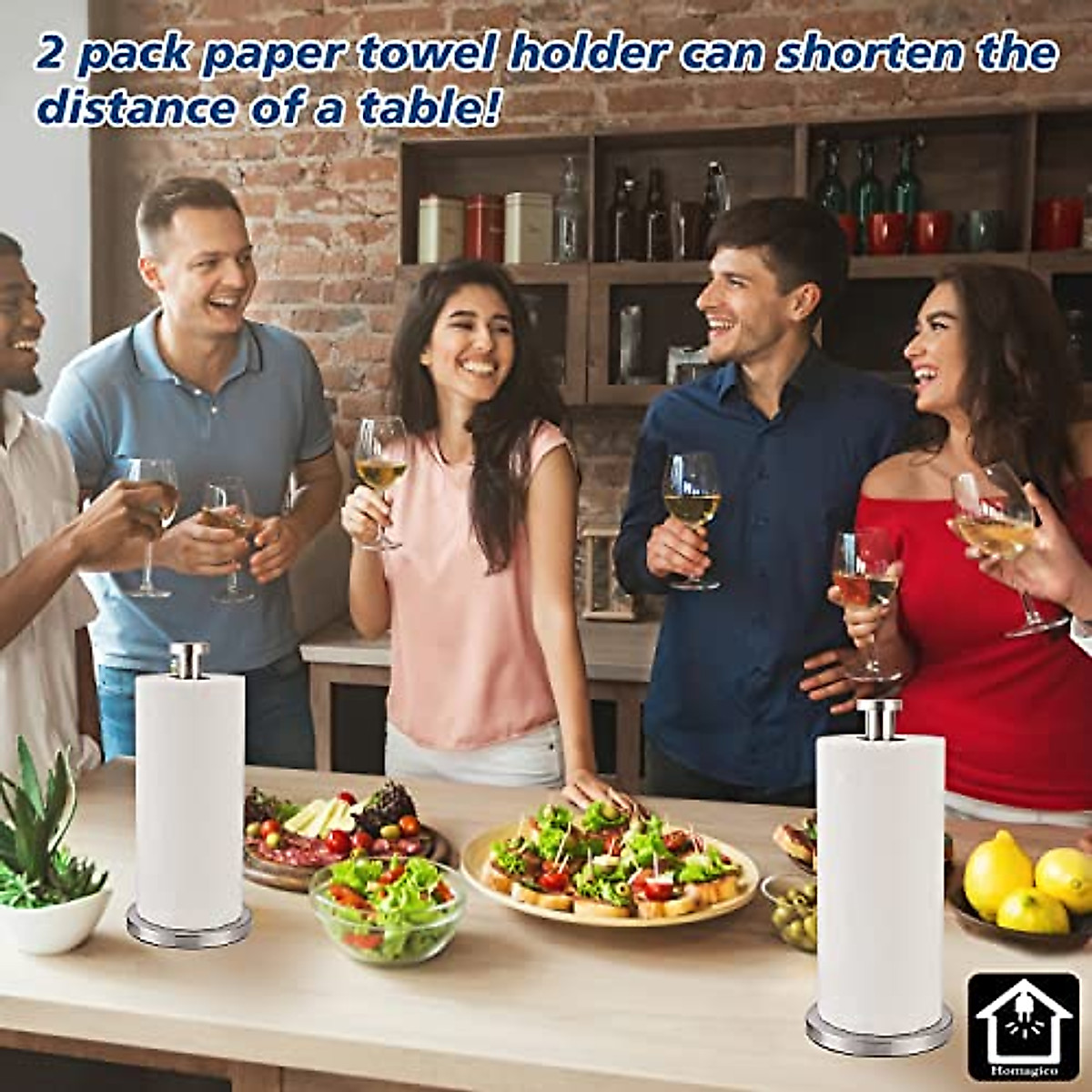 2Pack Stainless Steel Paper Towel Holder Countertop for One Hand Tear, Standing Paper Towel Holder with Non-Slip Base, Paper Towel Roll Holder for Kitchen Bathroom Countertop, Sliver 13.8"