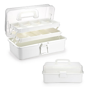 BTSKY 3-Layer Plastic Dividing Storage Box Craft Organizer and Storage with Adjustable Spacers Portable Handled Art Supply Organizer Multipurpose Home Utility Box for Medicine Box Sewing Box Organizer (Beige White)