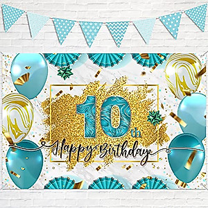 NC Teal Gold Happy 10th Birthday Backdrop Banner Decorations 10 Years Old Bday Background for Girls Boys Photography Party Decor Supplies Glitter