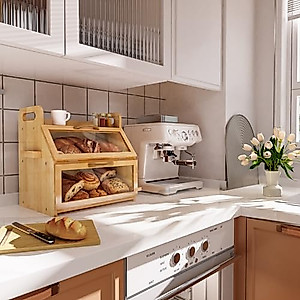DORPU Extra Large Bread Box, Double Layer Bread Box for Homemade Bread, Bamboo Wooden Bread Storage Container with Tool Holder | Handles | Window, Assembly Required(14.9" x 11" x 15.3") Natural