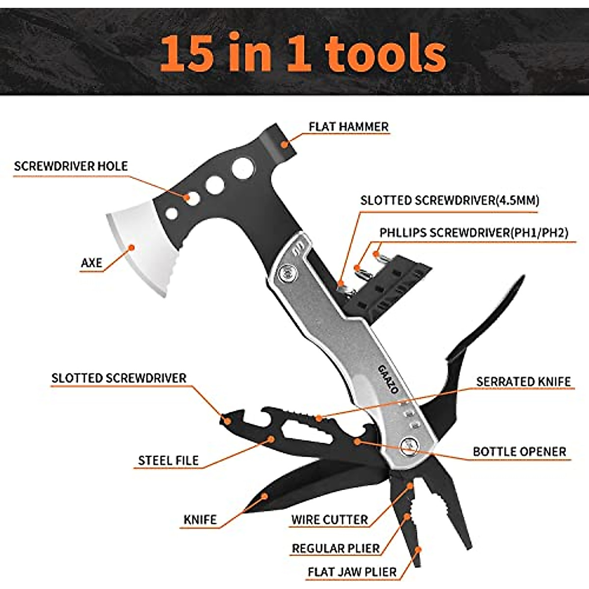 Christmas Gifts for Men Dad Husband, Multitool Camping Accessories 15 in 1 Hatchet with Axe Hammer Knife Pliers Screwdrivers Saw Bottle Opener, Cool Gadget for Outdoor Camping Hiking, Emergency