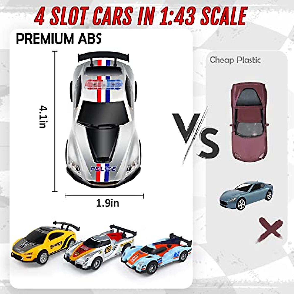 Race Track Toys for Boys Age 8-12 with 2 Loop, 4 Race Cars 1:43 Scale with Headlights, Battery Operated Slot Car Race Track Set, 2 Controllers, Lap Counter, 2 Player Game, Gift for Kids 6+ Year Old