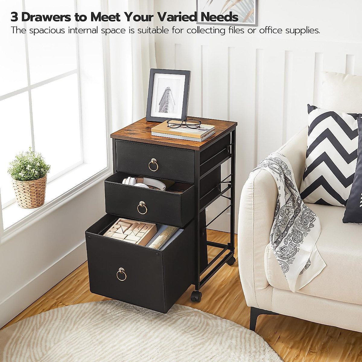 HOOBRO Mobile File Cabinet, Rolling Printer Stand with 3 Drawers, Fabric Vertical Filing Cabinet, Office Cabinet, Filing Cabinet for Home Office, A4/Letter-Sized, Rustic Brown and Black BFK30WJ01