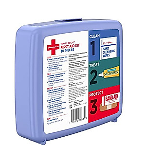 Johnson & Johnson Travel Ready Portable Emergency First Aid Kit for Minor Wound Care with Assorted Adhesive Bandages, Gauze Pads & More, Ideal for Travel, Car & On-The-Go, 80 pc