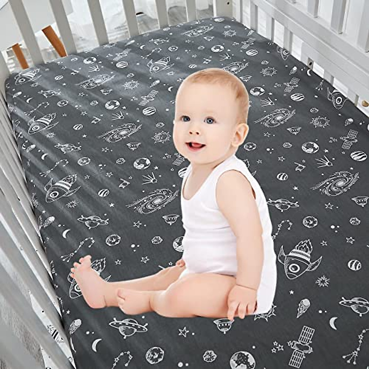 Brandream Space Crib Sheets for Baby Boys Toddler Fitted Sheet 100% Cotton Milky Way Spaceship Rocket Galaxy Print Nursery Bed Sheet Set