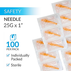NANOSHARPS 100 Pack 25Ga 1 Inch Sterile Disposable Injection Needle with Safety Gard Cap for Animal, Pet and Industrial Dispensing Needle 25x1