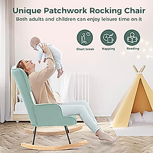 Unovivy Rocking Chair Nursery, Teddy Upholstered Glider Rocker with High Backrest, Stylish Accent Armchair with Padded Seat Indoor, Suitable for Living Room, Bedroom, Office, 35.4" H, Patchwork Green