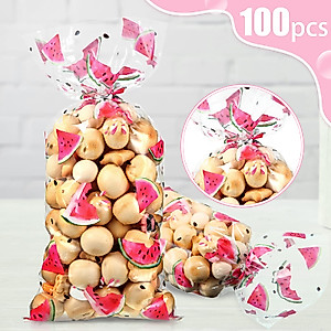 Zonon 100 Pieces Watermelon Treat Bags cellophane bags watermelon party bags Plastic Candy Bag Pink with 100 Silver Twist Ties for Summer Beach Watermelon Birthday Party Baby Shower Supplies