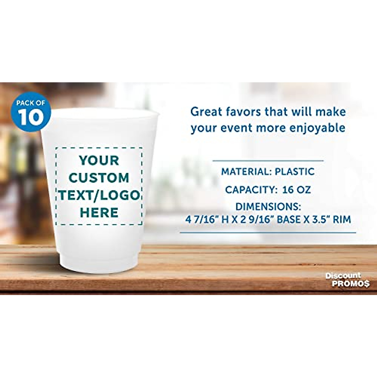 Custom Frosted Plastic Stadium Cups, 10 pack, Promotional Text, Logo, 16 oz. Shatterproof Flexible Reusable Party Cups, Pearl White