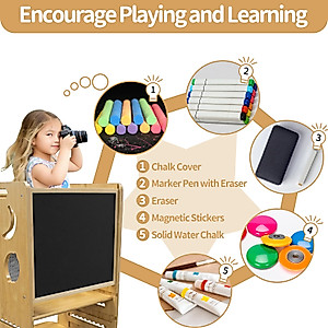 Wooden Brown 1-3 Toddler Tower Kitchen Helper,Height Adjustable Learning Standing Tower with Black and White Activity Board & Safety Net Perfect for Kitchen, Bathroom and Bedroom Children Step Stool