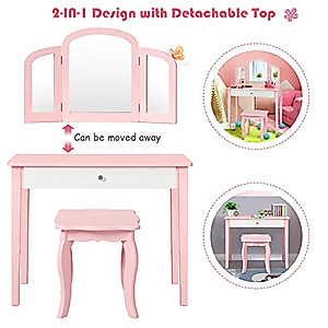 KOTEK Kids Vanity Set w/Tri-Folding Mirror, Princess Makeup Dressing Table w/Detachable Top & Drawer, 2-in-1 Vanity Table and Chair Set, Pretend Beauty Play Vanity for Girls (Pink)