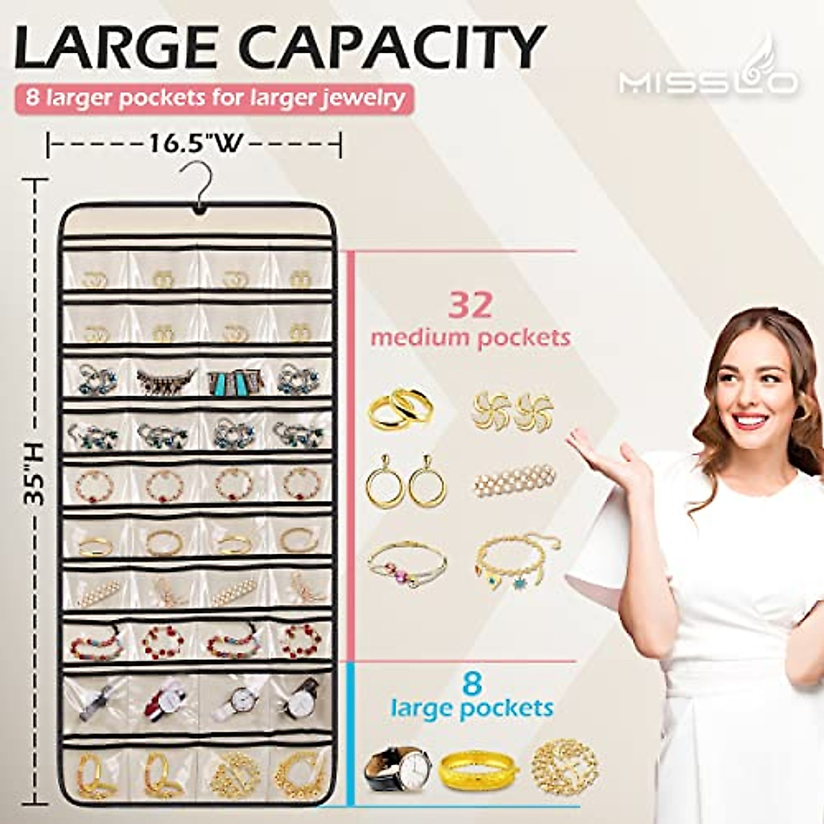MISSLO Dual-sided Hanging Jewelry Organizer with 40 Pockets and 20 Hook & Loops Closet Necklace Holder for Earring Bracelet Ring Chain with Rotating Hanger, Beige