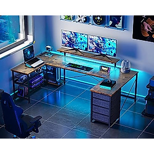 ODK U Shaped Desk with Power Outlets & LED Strip & Monitor Stand, 66" Reversible L Shaped Desk with Drawers and Storage Shelf, Home Office Gaming Desk, Vintage