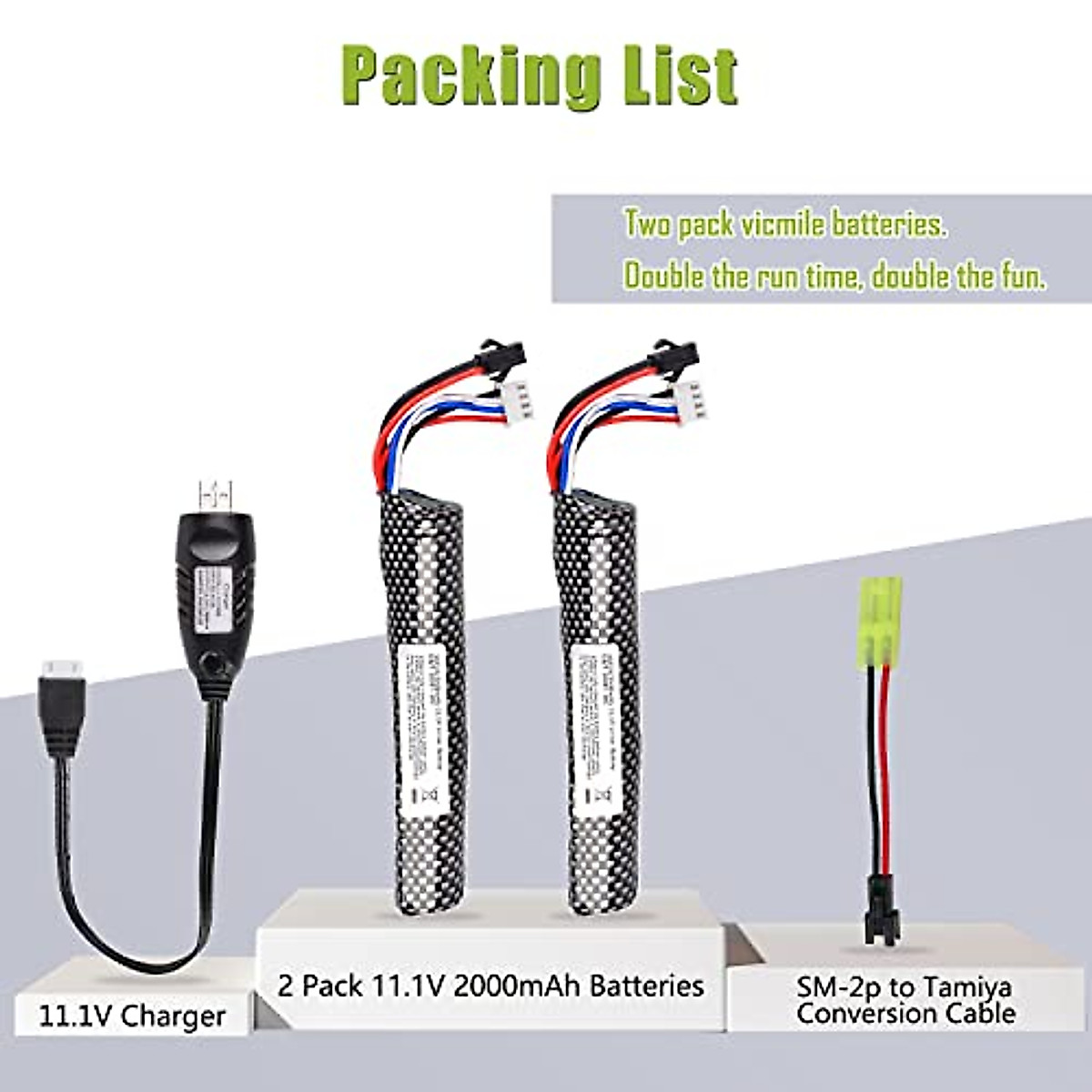 VICMILE Airsoft Battery 11.1V 2000mAh SM2P Plug with USB Charger Compatible with Airsoft Gel Water Bead Blaster Rechargeable Batteries 2PACK