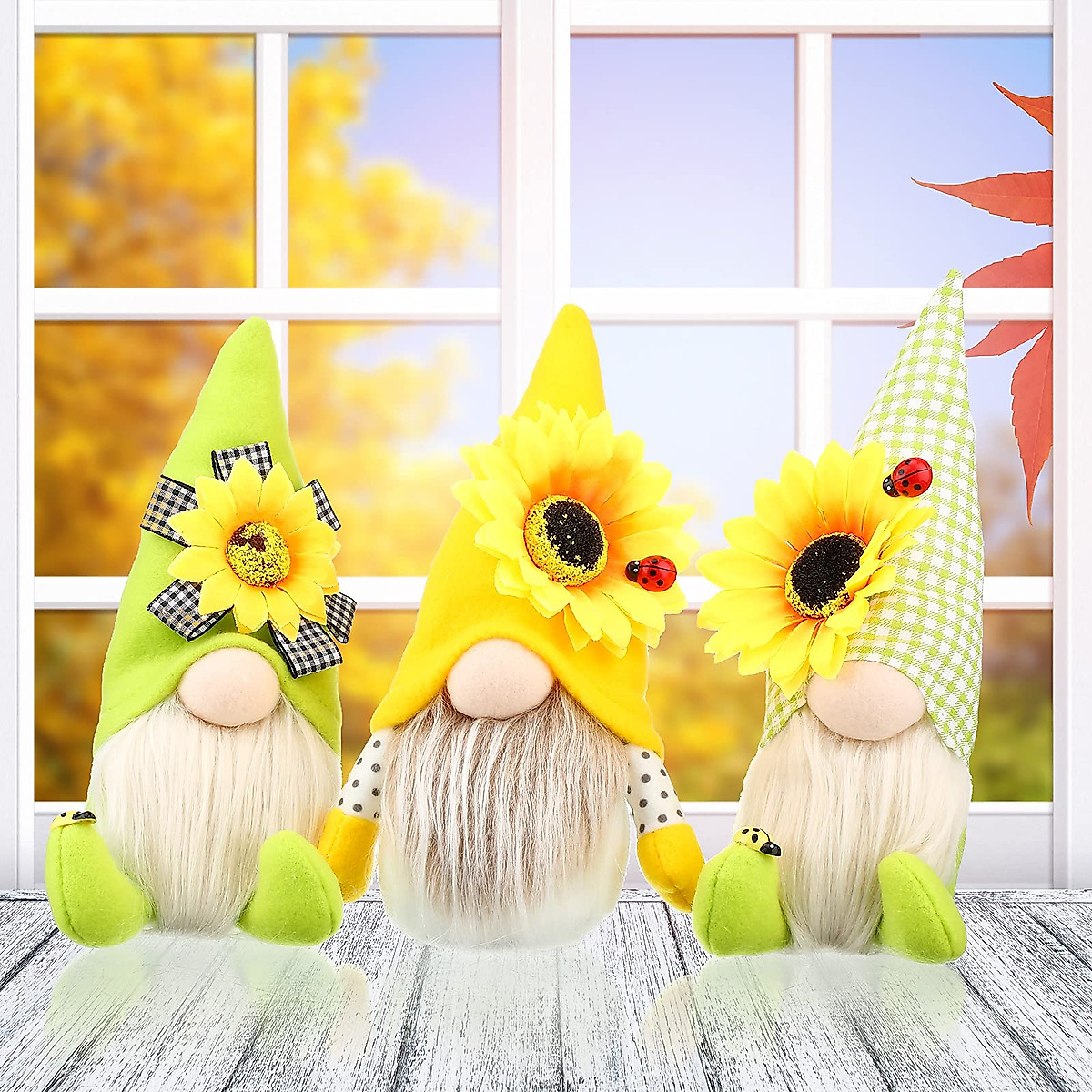 3 Pieces Sunflower Summer Gnomes Sunflower Garden Plush Doll Honey Bee Fall Decorations Scandinavian Tomte Swedish Sunflower Elf for Farmhouse Kitchen Decor, Rustic Buffalo Plaid Ladybug