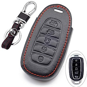 ROYALFOX(TM 5 buttons genuine leather smart remote Key Fob case Cover shell For Hyundai Kona Veloster i30 Ix35 Solaris Azera Grandeur Ig,2017-2020 Hyundai Palisade (5 buttons black)