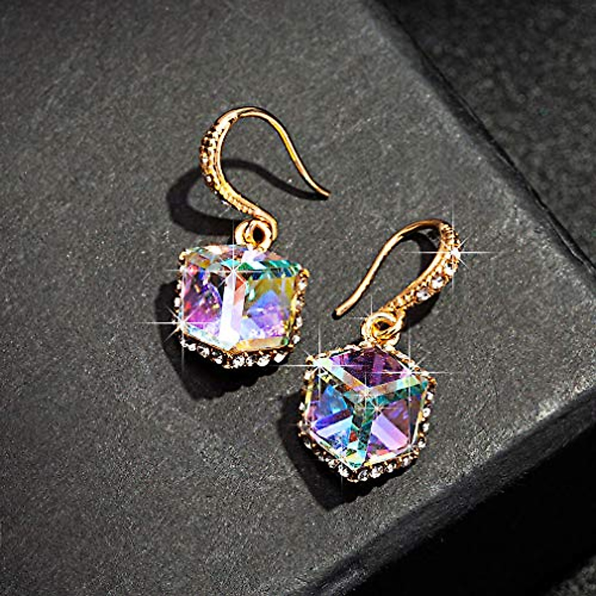 Austrian Crystal Cube Drop Dangle Earrings for Women 14K Gold Plated Hypoallergenic Jewelry (Aurora Borealis)