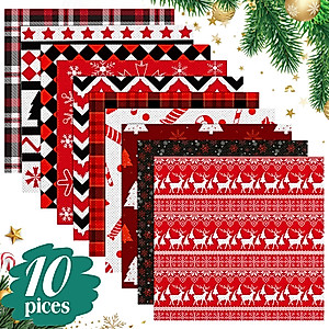 Hicarer 10 Pcs 20"x20" Christmas Cotton Fabric Square Bundles Red Black Reindeer Plaid Snowflake 10 Patterns Patchwork Christmas Fat Quarters for DIY Xmas Art Sewing Home Party Craft