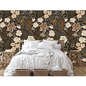 HAOKHOME Peel and Stick Wallpaper Floral Vintage Removable Rose Leaf Black/Brown/Beige Stick on Mural 17.7in x 9.8ft