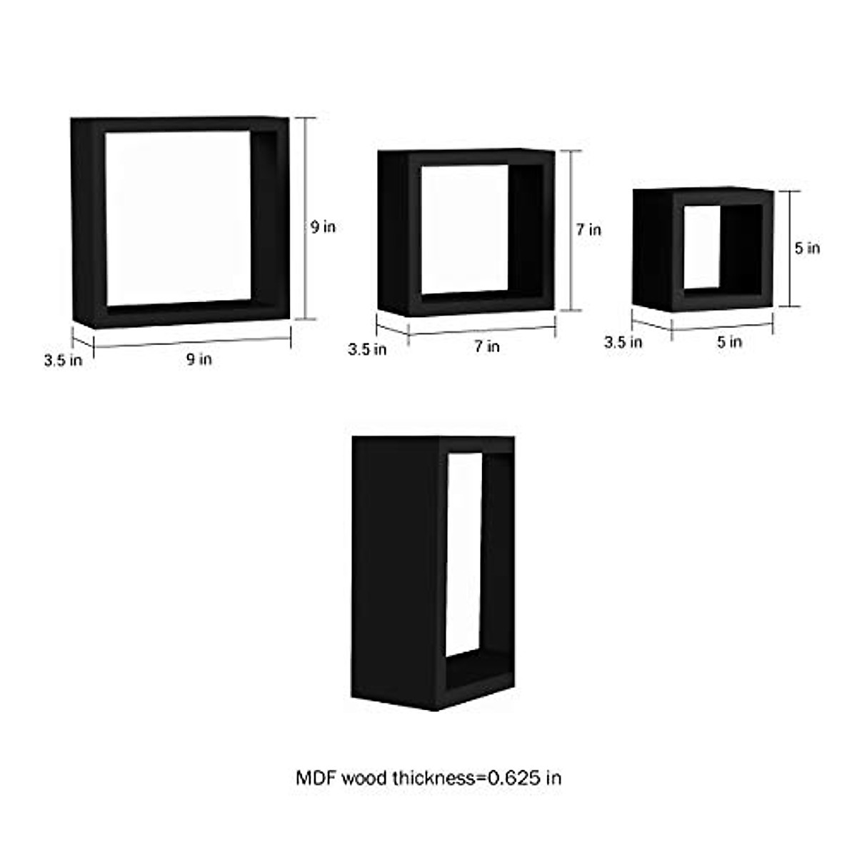 Lavish Home (Black Floating Shelves-Cube Wall Shelf Set with Hidden Brackets, 3 Sizes to Display Décor, Books, Photos, More-Hardware Included, 9"x3.5"x9"