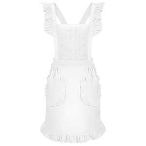 Tarpop Retro Ruffle Apron Fancy Cute White Apron for Kitchen Cooking Baking Cleaning Maid Costume Frilly Adorable Waitress Aprons Vintage Costume
