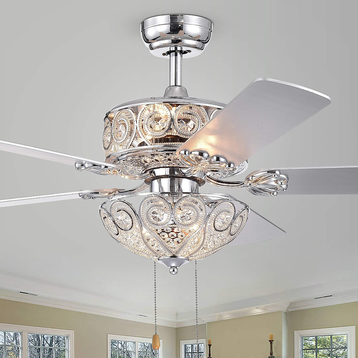 Warehouse of Tiffany Catalina Chrome-Finish 5-blade 52-inch Crystal Ceiling Fan Optional Remote (Incl. 2 Blade Colors)