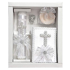 Swea Pea & Lilli White Pearl Cross Baptism Candle Set Kit for Christenings with Shell - Spanish