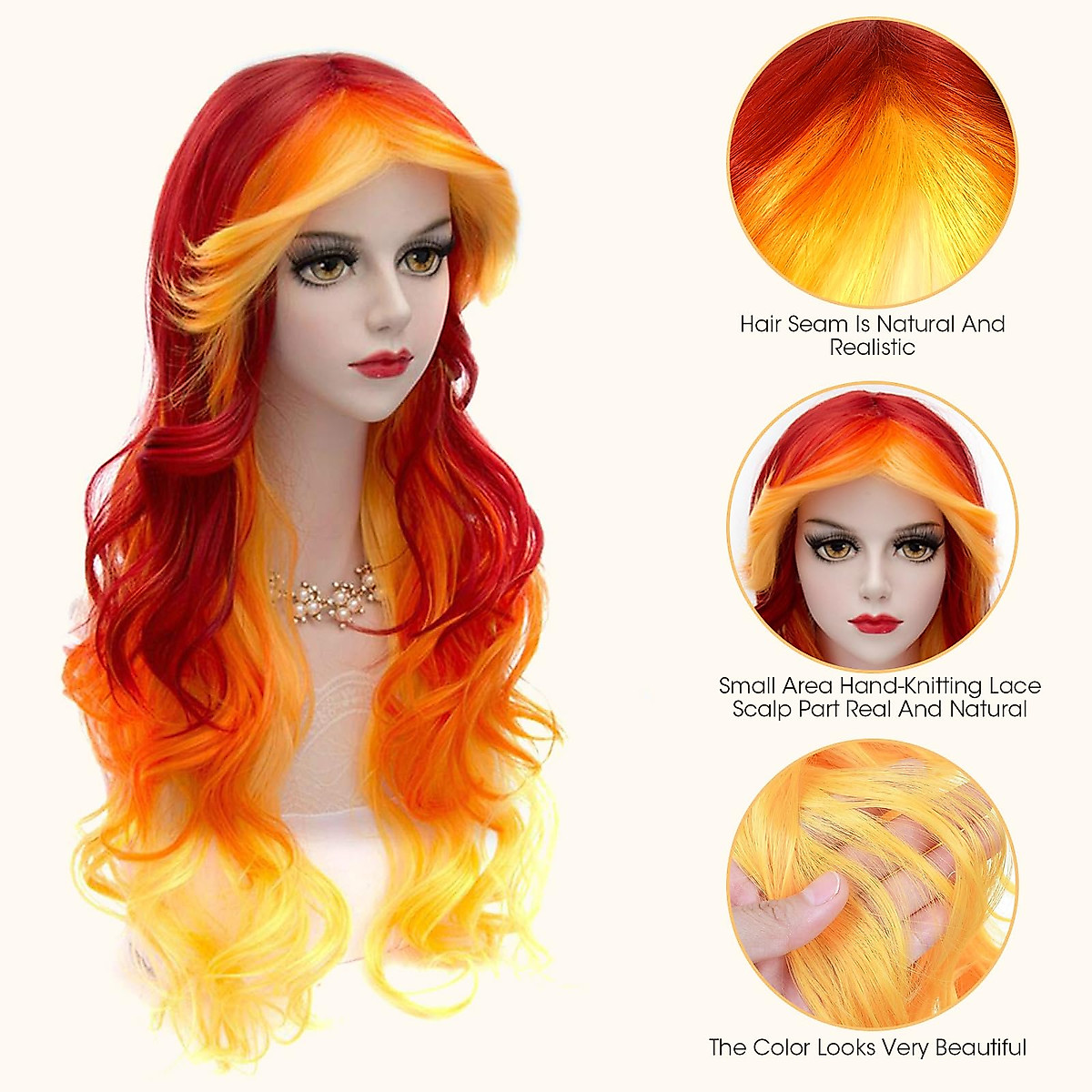 MQ Ombre Wavy Wigs for Women,29.5 Inch Long Curly Wigs,Colorful Wigs,Charming Women's Long Curly Full Hair Wig(Yellow to Orange to Red)