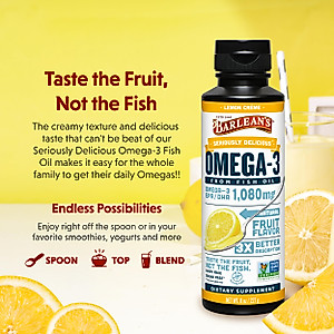 Barlean's Lemon Crème Omega 3 Fish Oil Liquid Supplement, 1080mg of Omega 3 EPA & DHA Fatty Acid, Smoothie Flavored & Burpless for Brain, Joint, & Heart Health, 8 oz